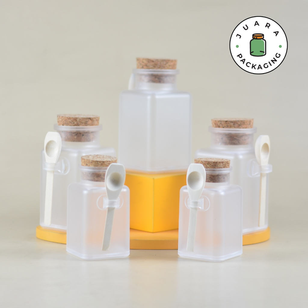 Jual Botol Acrylic Kotak 100ml 200ml dengan Tutup Gabus & Sendok Kayu ...