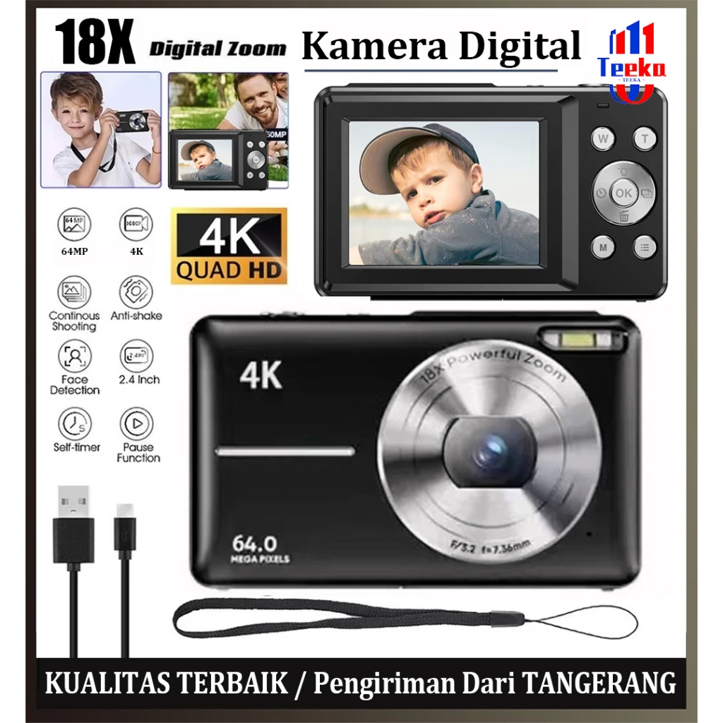 Jual 【Dengan Kartu 64GB】TEEKA 64MP Kamera Digital Pocket FHD 4K Vlog ...
