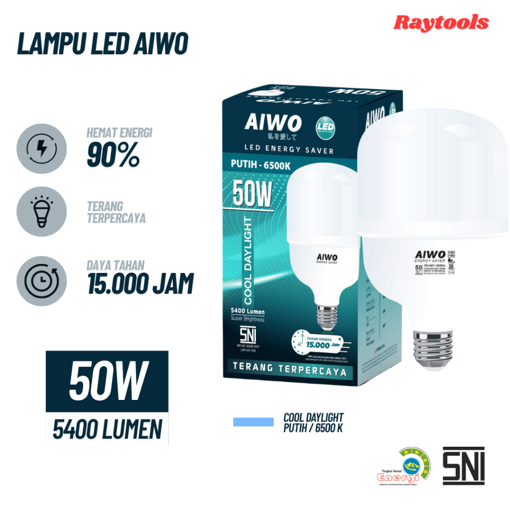 Jual Lampu LED 50 Watt 5400 Lumen Cahaya Putih (Cool Daylight) / Lampu AIWO / SNI / Hemat Energy ...