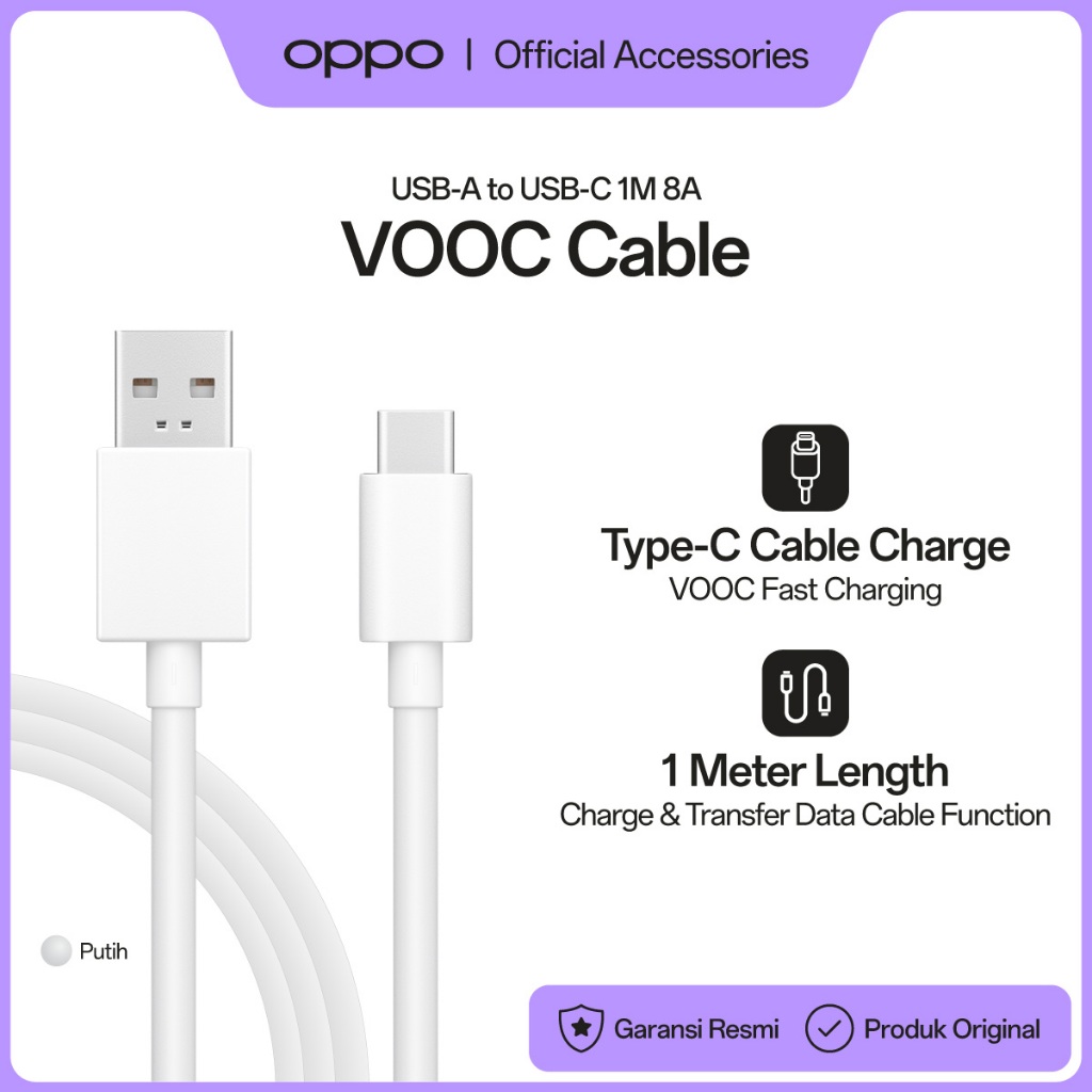 Jual OPPO USB-A to USB-C 1M 8A VOOC Cable White - OPPO Official ...