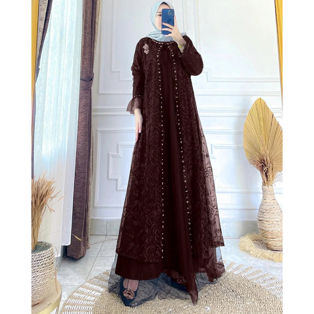 Jual Gamis Brokat Burgundy 2025 Lydi Dress Gamis Kondangan Wanita Kekinian Gamis Brokat Tile ...