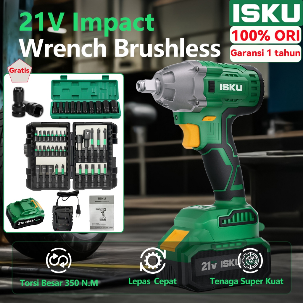 Jual [Garansi 1 Tahun]ISKU Cordless Impact Wrench Brushless 21V 350N.M ...
