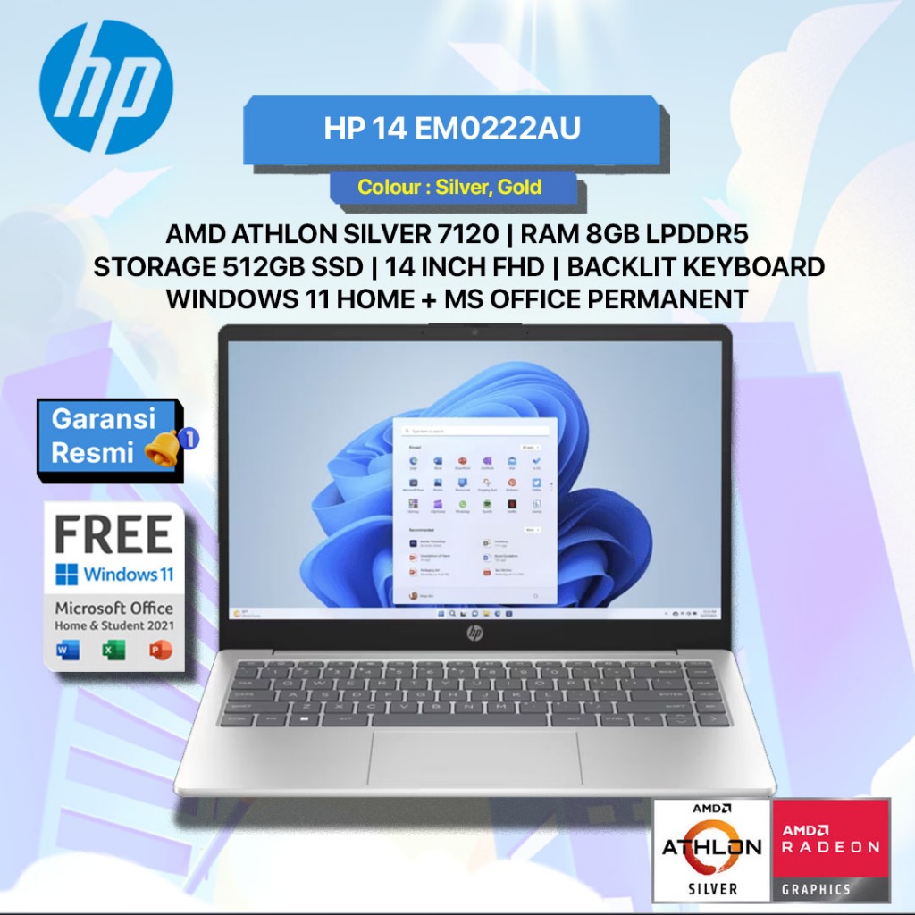 Jual LAPTOP HP 14 ATHLON 7120 RAM 8GB 512GB SSD W11+OHS 14.0FHD IPS ...