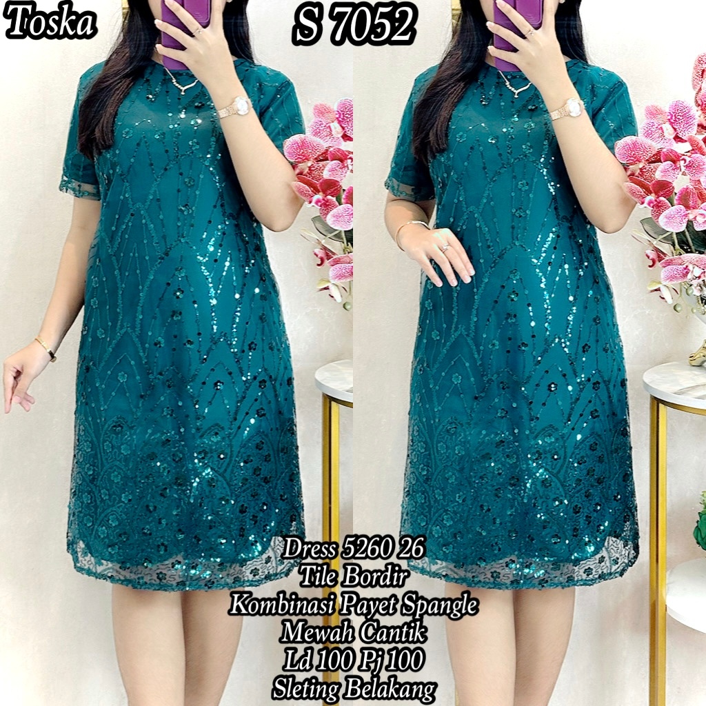 Jual S 7052 #Midi Dress Tile Bordir Full Payet A-Line Basic Baju Pesta 5260 26 | Shopee Indonesia