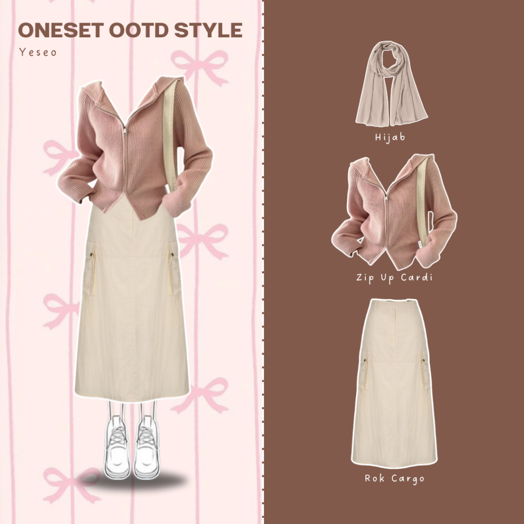 Jual Yeseo One Set Wanita Korean Style ( Zip Up Cardi, Rok Cargo, Hijab ...