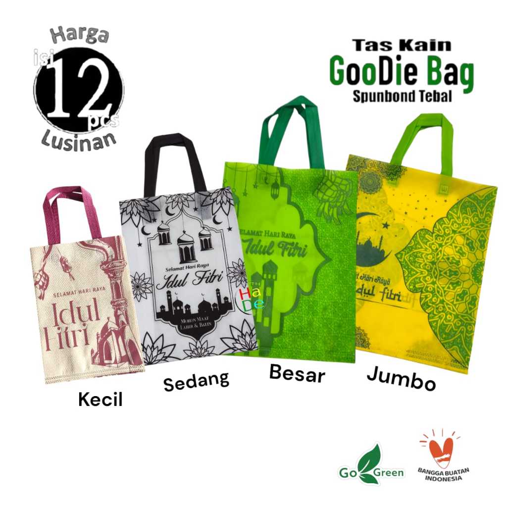 Jual 1 Lusinan isi 12 pcs Tas Kain Spunbond Goodie Bag Tulisan Custom Sablon Lebaran Idul Fitri ...