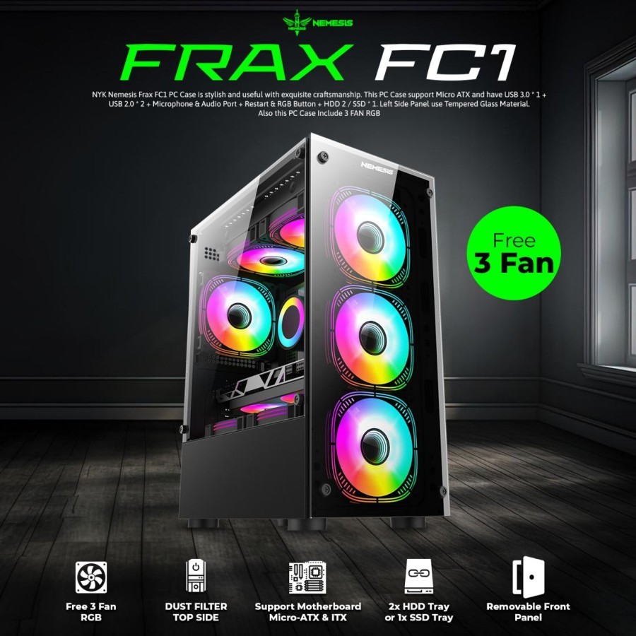 Jual Casing PC Gaming NYK FRAX FC1 M-ATX Free 3Fan RGB Tempered Glass | Shopee Indonesia