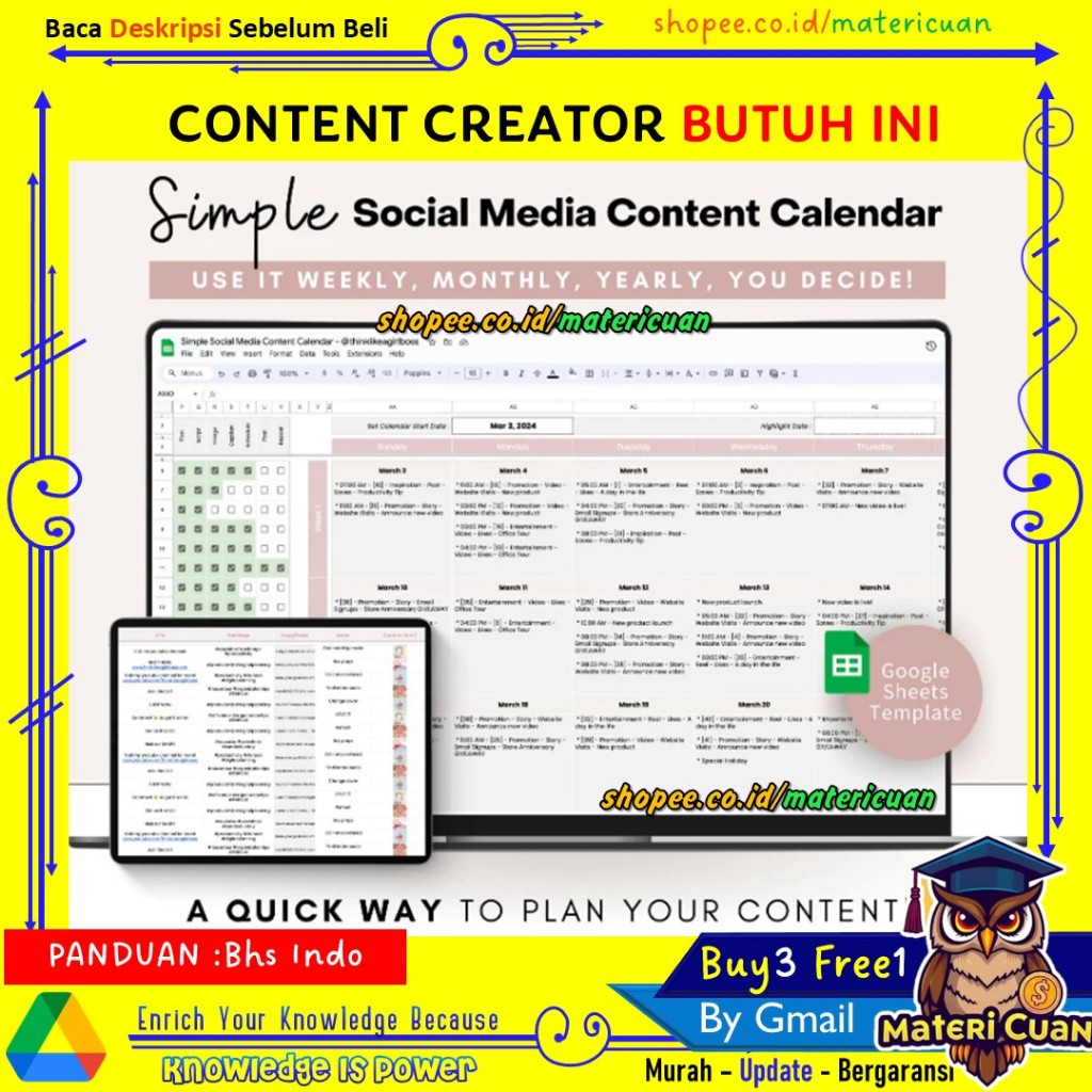 Jual Social Media Content Calendar Marketing Planner Simple, Google ...