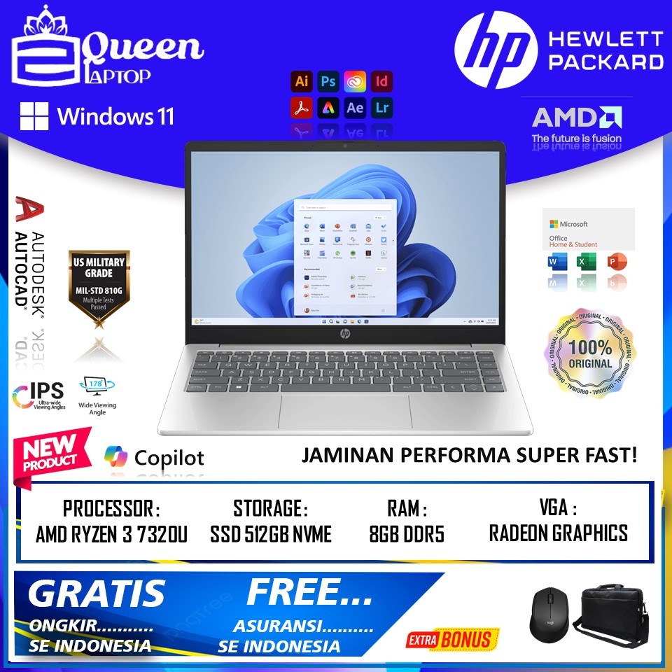 Jual LAPTOP HP AMD RYZEN 3 7320 8GB 512GB W11+OHS 14.0FHD IPS BLIT 2Y ...