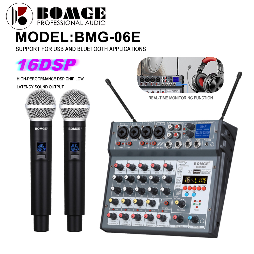 Jual BOMGE 6 Channel Audio Mixer Papan Kontrol DJ dengan 2 Mikrofon Nirkabel UHF, MP3, USB ...