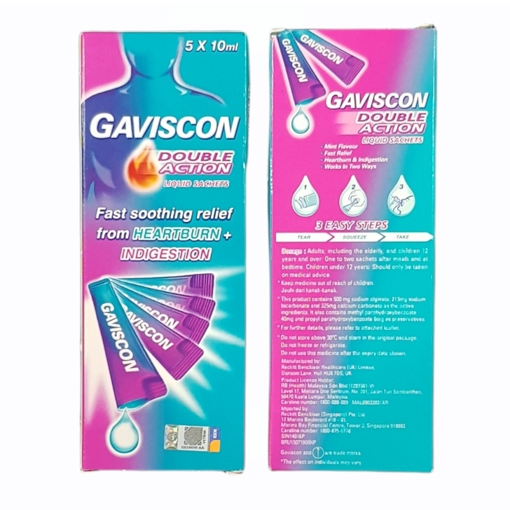Jual Gaviscon Double Action sachets liquid 5x10 ml obat maag (1 Box isi ...
