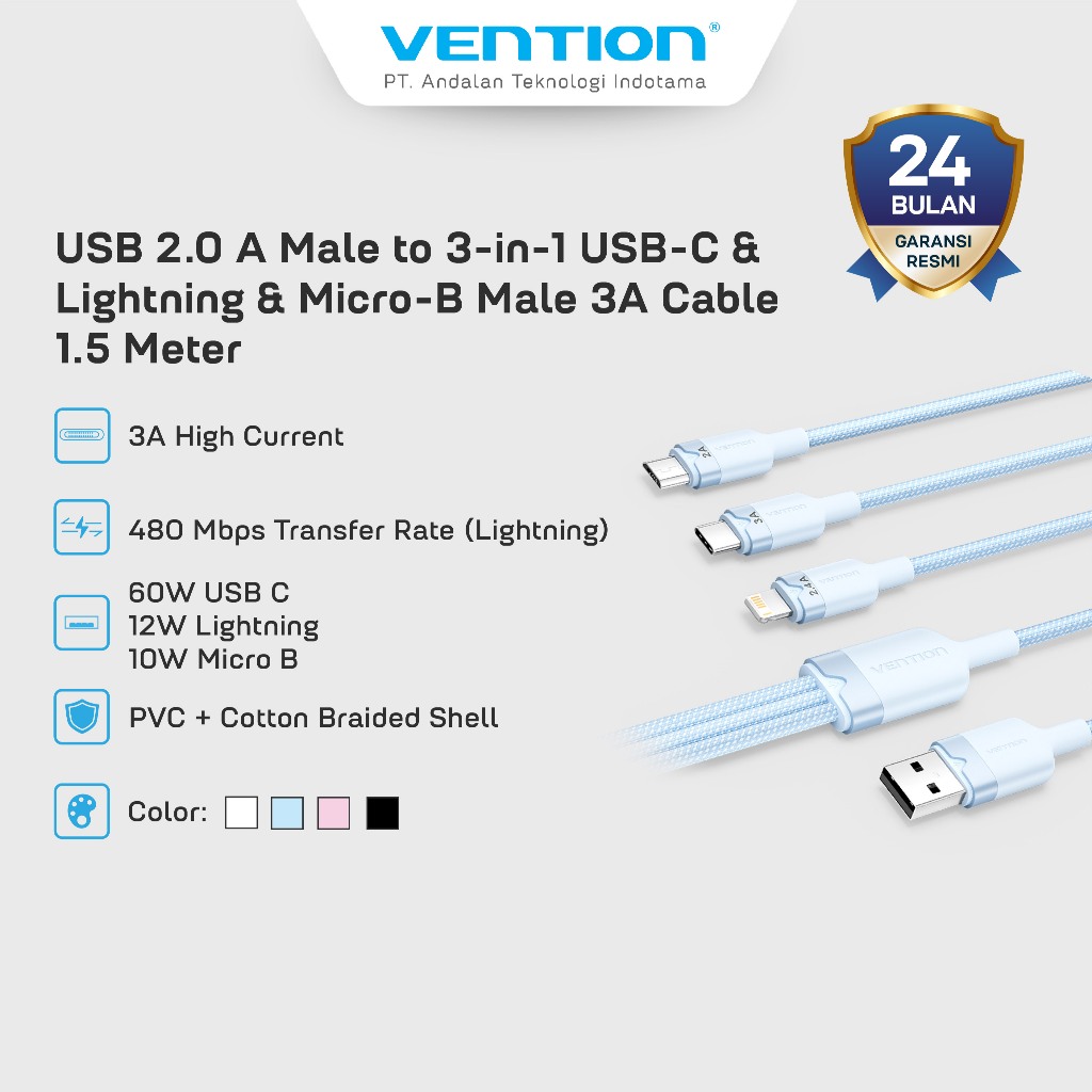 Jual Vention Kabel Data Charger Cable 3in 1 USB A 2.0 to USB Type C ...