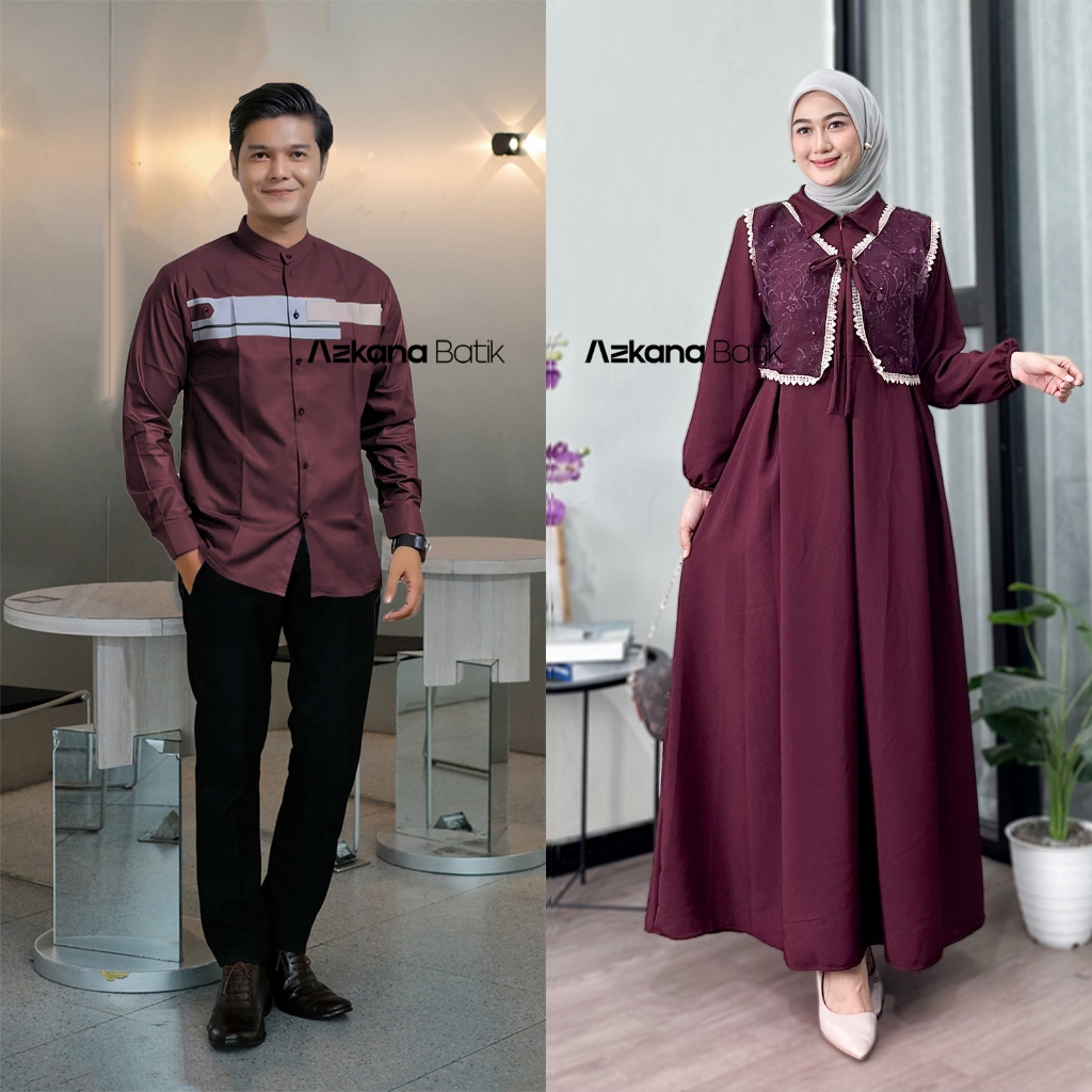 Jual Baju Cople Lebaran Burgundy Koko Pria Lengan Panjang Gamis Simple ...