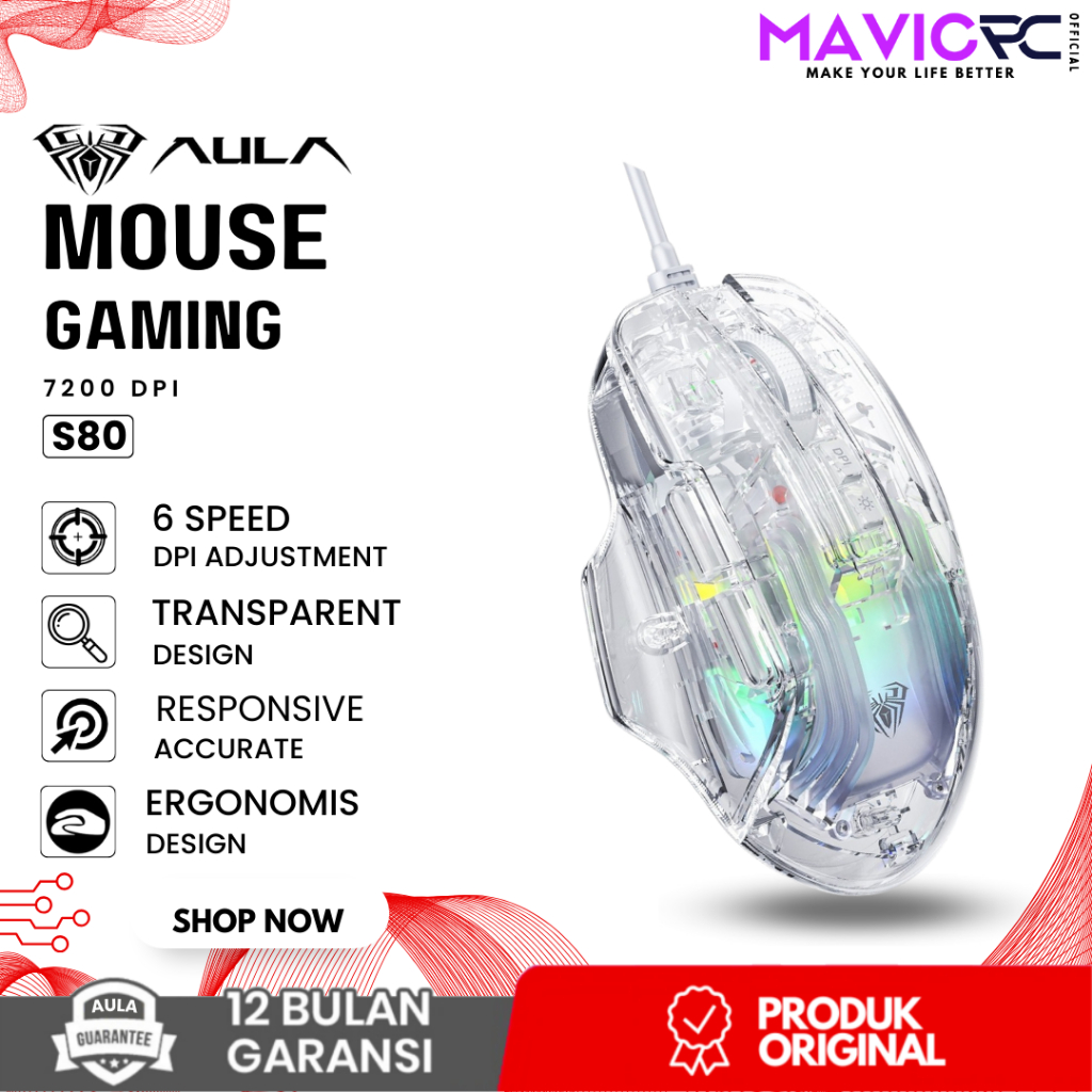 Jual AULA S80 Mouse Gaming Kabel Transparant RGB backlit Optical White ...