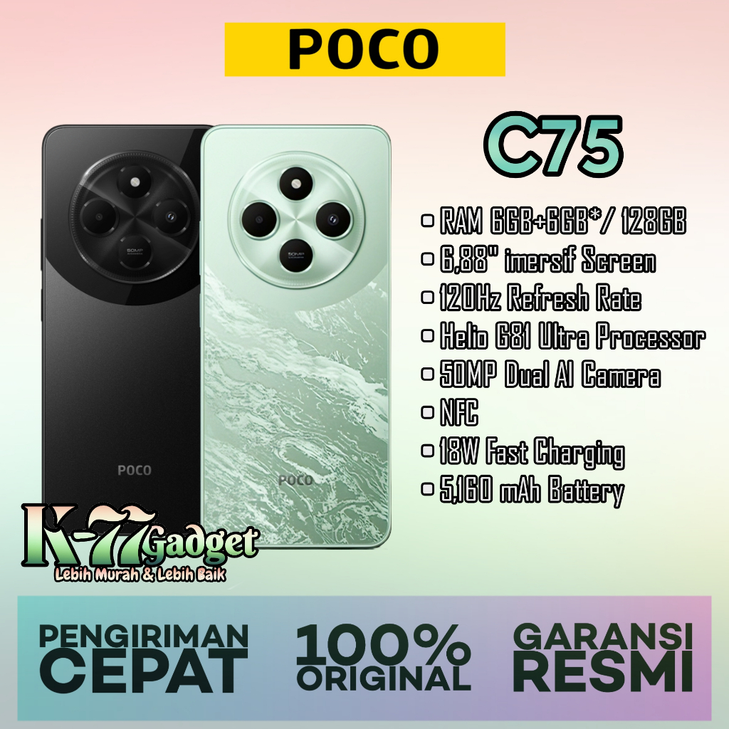 Jual Xiaomi POCO C75 - 6GB+6GB*/128GB - 50MP AI | RefreshRate120Hz | Baterai 5.160mAh 18W ...