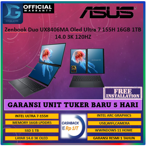 Jual Asus Zenbook Duo UX8406MA Oled Touch Ultra 7 155H 16GB 1TB 14.0 3K ...