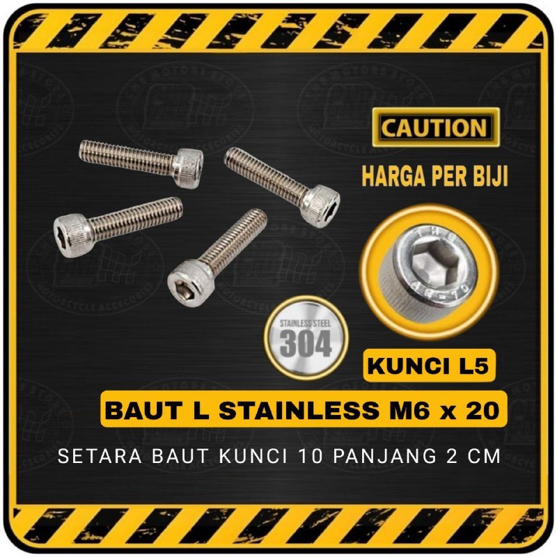 Jual Baut L STAINLESS M6 x 20 || M6x20 ( Setara Baut Kunci 10 | Panjang 20 mm / 2 cm ) | Shopee ...