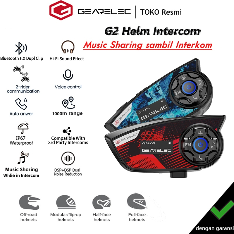 Jual GEARELEC G2 Helm Interkom BT5.3 Untuk 2 Riders 1000m Support ...