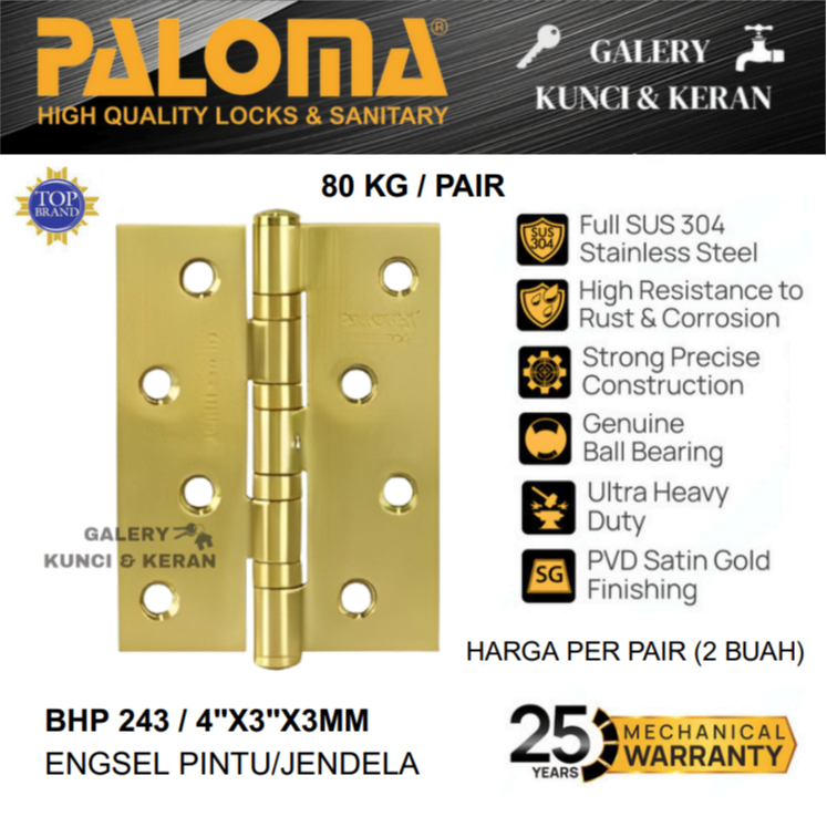 Jual PALOMA BHP 243 Engsel Pintu Jendela Rumah Aluminium Kayu 4"X3"X3MM 4BB Stainless SUS 304 ...