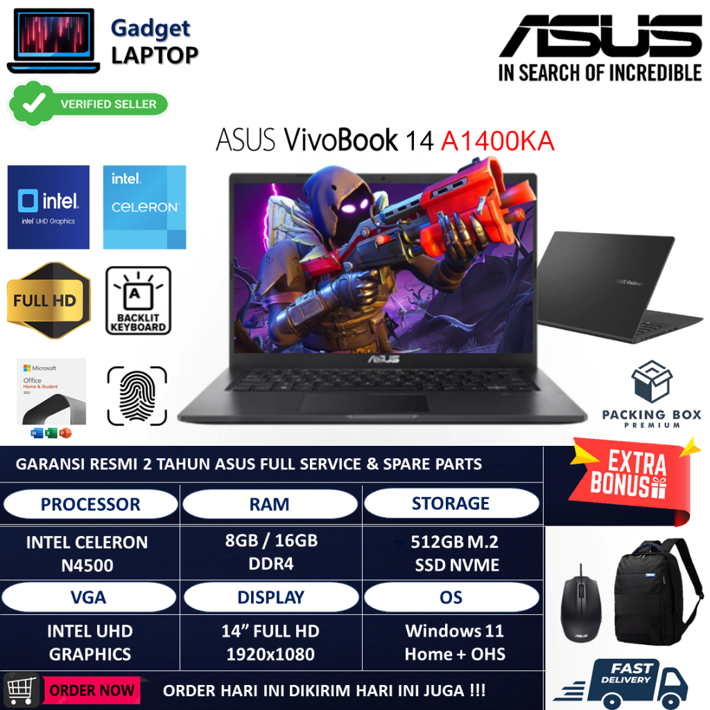 Jual Laptop Asus Vivobook 14 A1400KA Intel N4500 8GB 512GB 14 Inch Full ...