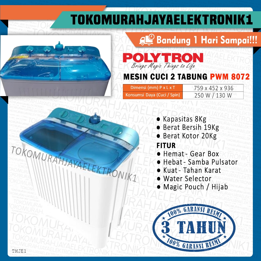 Jual Mesin Cuci 2 Tabung POLYTRON Giant Series 8 KG PWM 8072 B/N Hijab ...