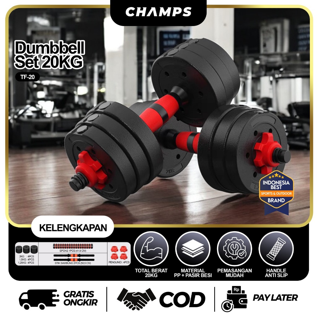 Jual CHAMPS Dumbbell Set 20KG Adjustable | Barbel Fitness Bisa Ubah Beban | Alat Angkat Beban ...