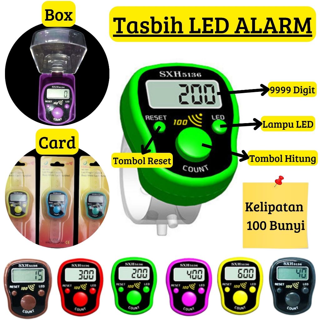 Jual Tasbih Alarm LED SHX5136 Digital Finger Counter LED Alarm 100 Akan ...