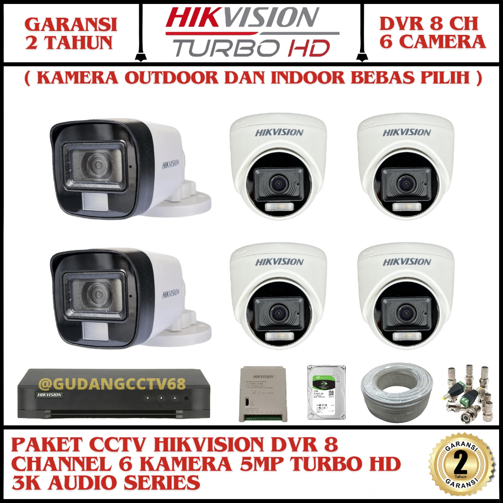 Jual Paket CCTV Hikvision DVR 8 Channel 6 Camera 5mp Turbo HD 3K Audio Series Komplit Tinggal ...