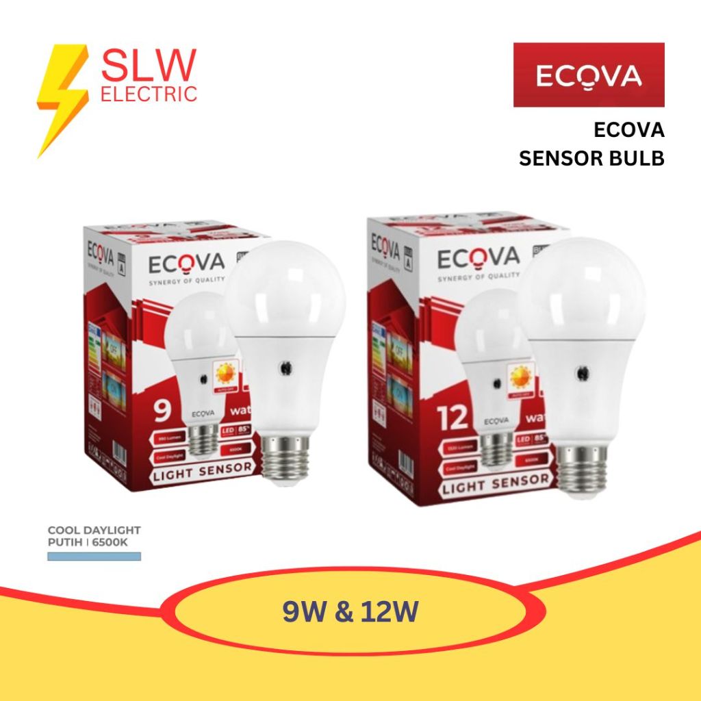 Jual ECOVA LIGHT SENSOR BULB LAMPU 9W 12W WATT 6500K COOL DAYLIGHT ...