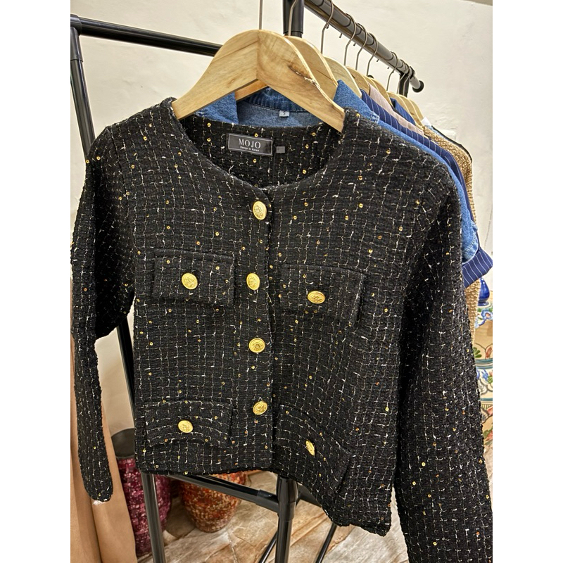 Jual KOREAN TWEED BLAZER BLACK | Shopee Indonesia