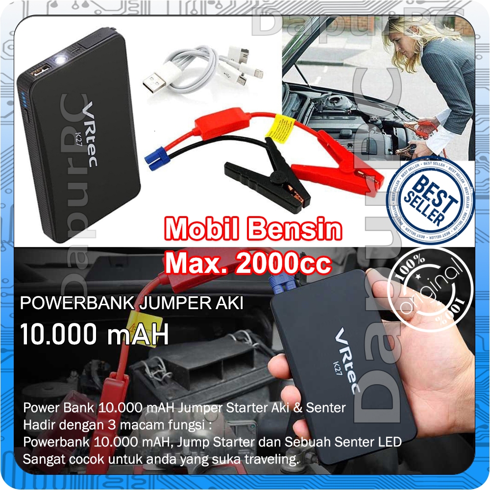 Jual VRtec Portable Jumper Aki 12V 10000 mAh Mobil dan Motor Power Bank ...