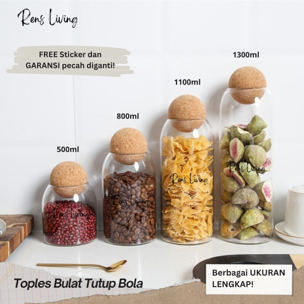 Jual Toples Kaca Tutup Bola Gabus Kayu Bulat Penyimpanan Makanan Glass ...