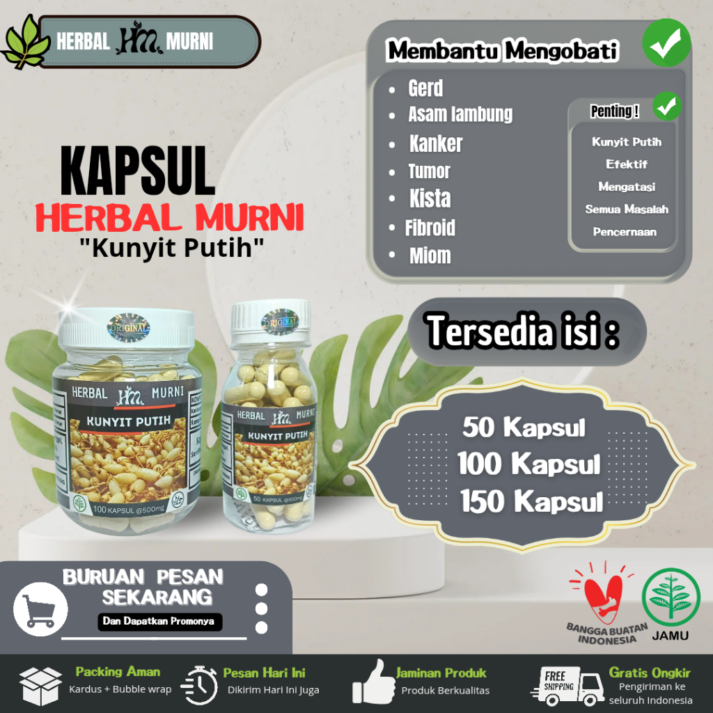Jual HERBAL MURNI - KUNYIT PUTIH Isi 50 & 100 Kapsul (Obat Asam Lambung ...