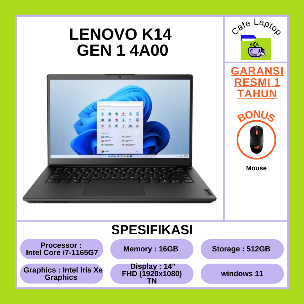 Jual Lenovo K14 Gen 1 4A00 Intel Core i7 1165G7 Win11 Home 16GB 512GB SSD 14" FHD TN 250nits 45% ...