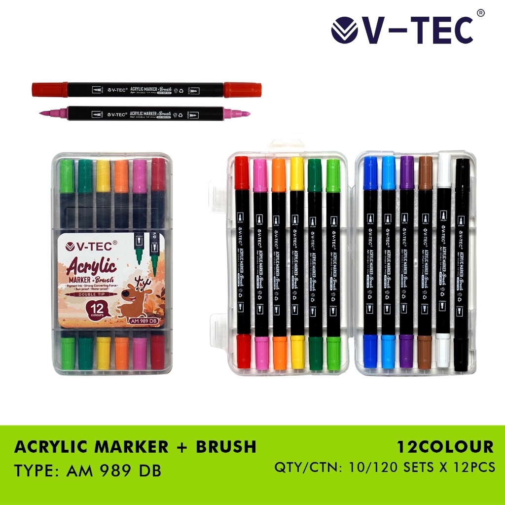 Jual VTEC Acrylic Marker + Brush Set 12 Warna AM 989 DB / PEN MARKER ...