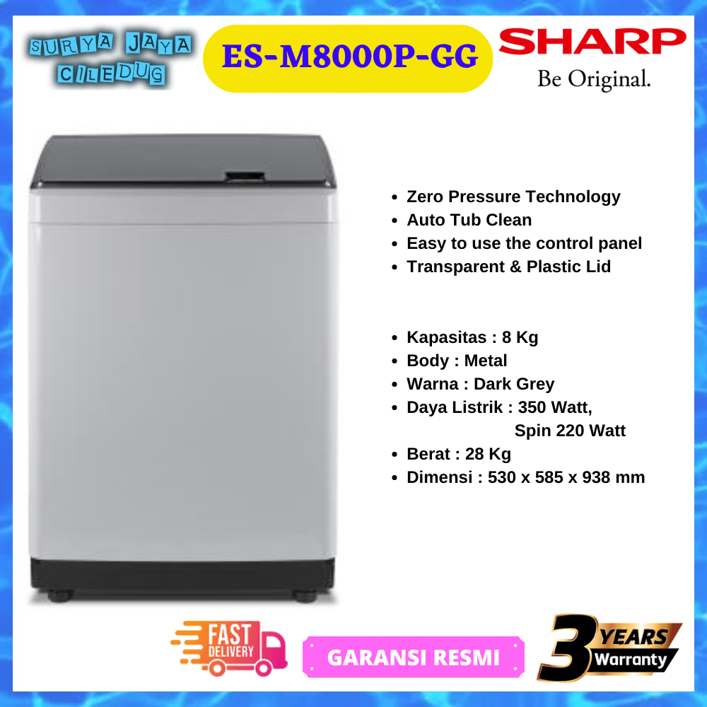Jual MESIN CUCI SHARP ES-M8000P-GG, 8000 PGG TOP LOADING 8 KG MEGAMOUTH ...
