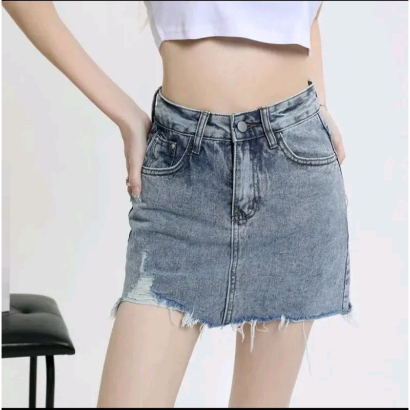 Jual Elegancia | Rok Mini Jeans Pendek Wanita Line Korean Style Ripped ...