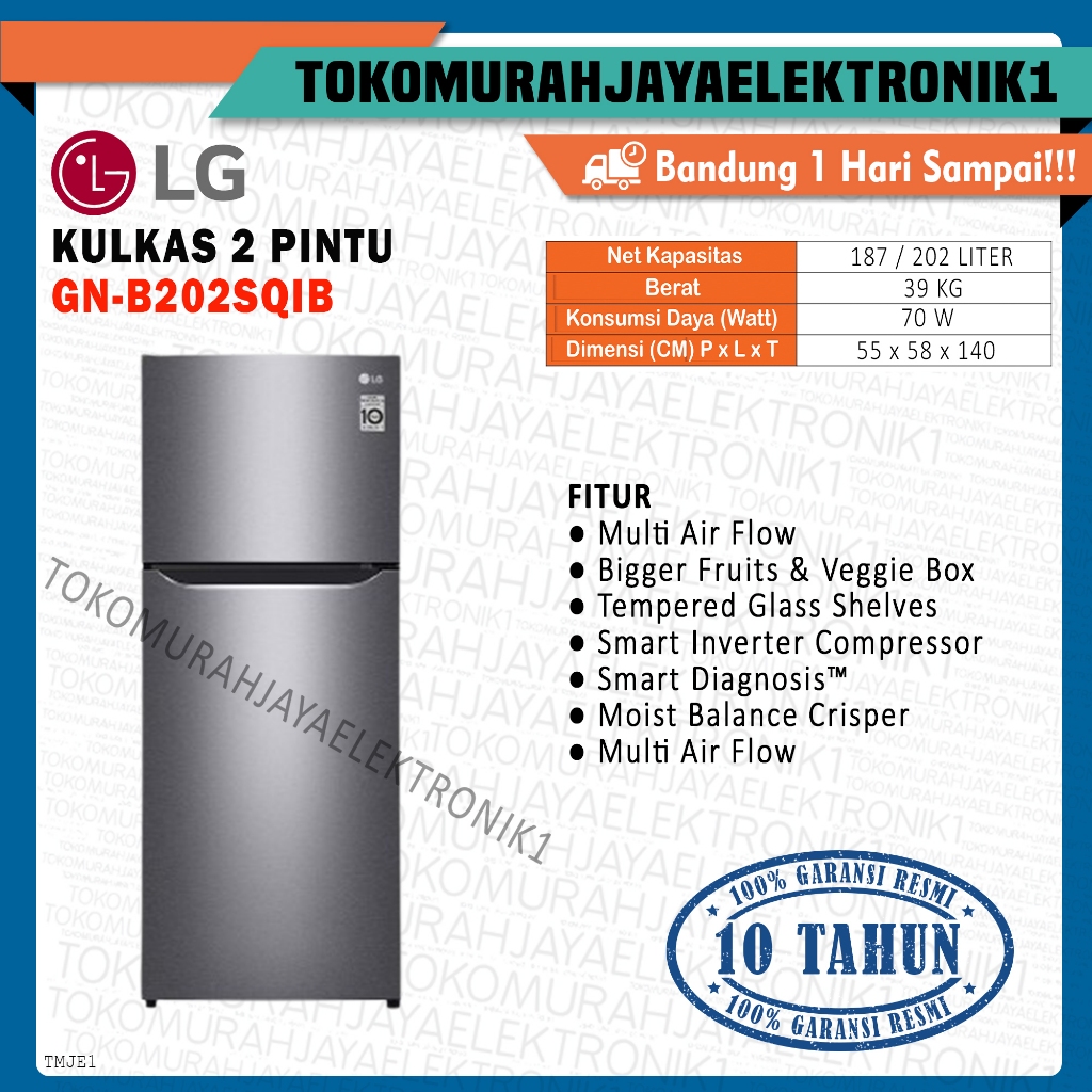 Jual Kulkas 2 Pintu LG 202L / 187L GN-B202SQIB Smart Inverter Garansi ...