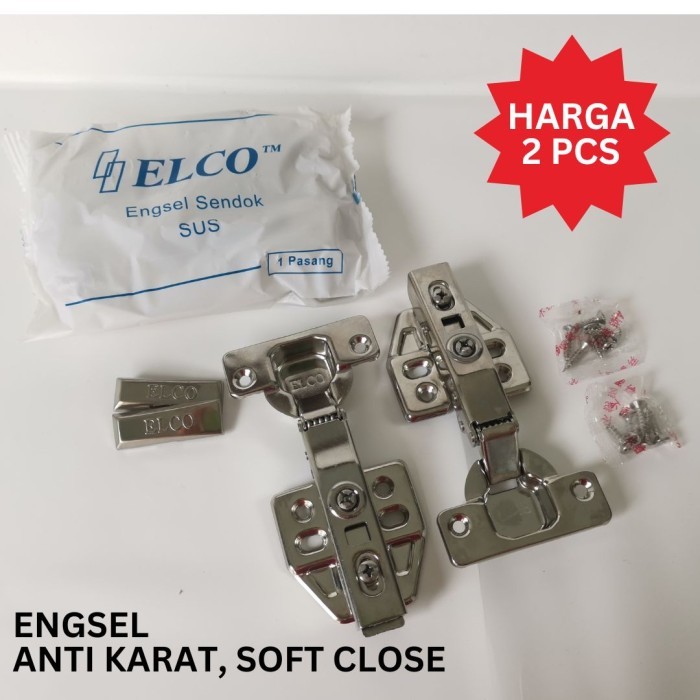 Jual ELCO Engsel SUS - 4 Lubang Sekrup, Lemari Kabinet, Stainless Soft Close | Shopee Indonesia