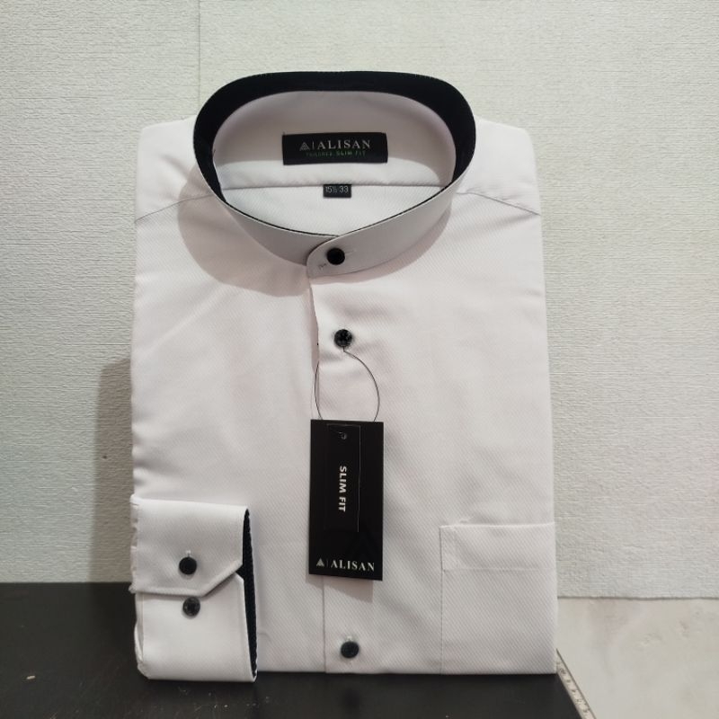 Jual Lengan Panjang Slimfit ALISAN Dobby Koko Putih Kombinasi Hitam ...
