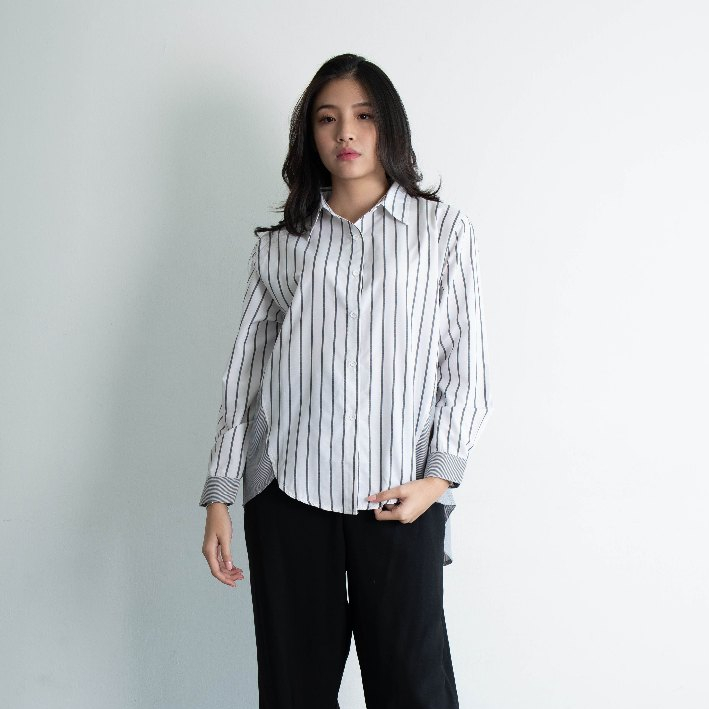 Jual QUEENTIN Kemeja Wanita Kombinasi 0587 Katun Polymicro Motif Salur ...