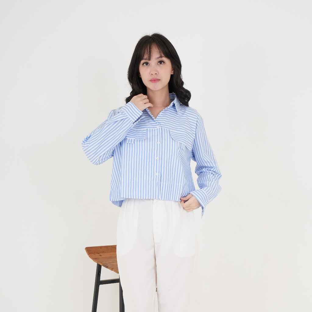 Jual QUEENTIN Kemeja Wanita Crop 0655 Katun Polymicro Motif Salur ...