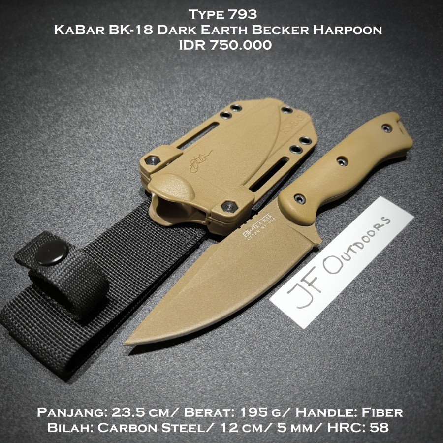 Jual Pisau EDC Outdoor KaBar BK18 Becker Harpoon Dark Earth Fixed Blade Ka-Bar Ka Bar BK-18 BK ...