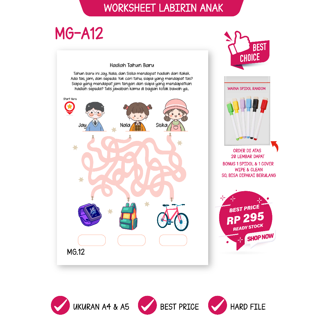 Jual ASHJENA Lembar Aktivitas anak MAZE GAME Worksheet montessori Pra ...