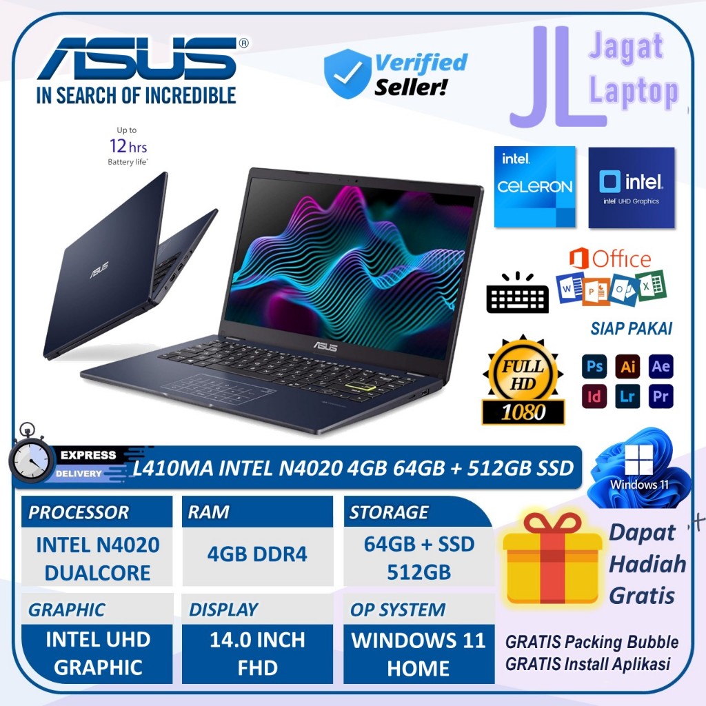 Jual Asus Vivobook L410MA Intel N4020 4GB 512GB SSD 14.0 FHD Windows 11 ...