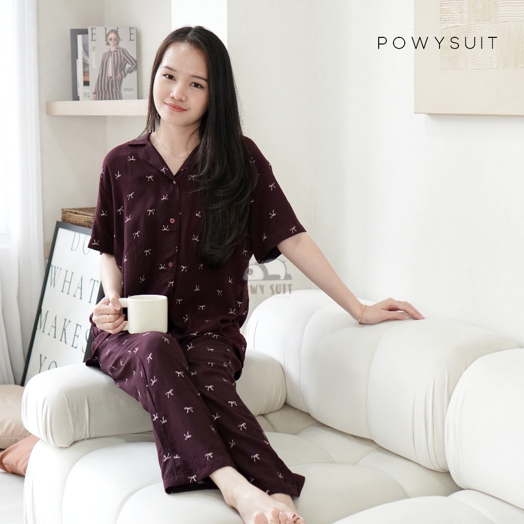 Jual Powysuit Piyama Rayon Wanita Motif Lengan Pendek dan Setelan Celana Panjang - Baju Busui ...