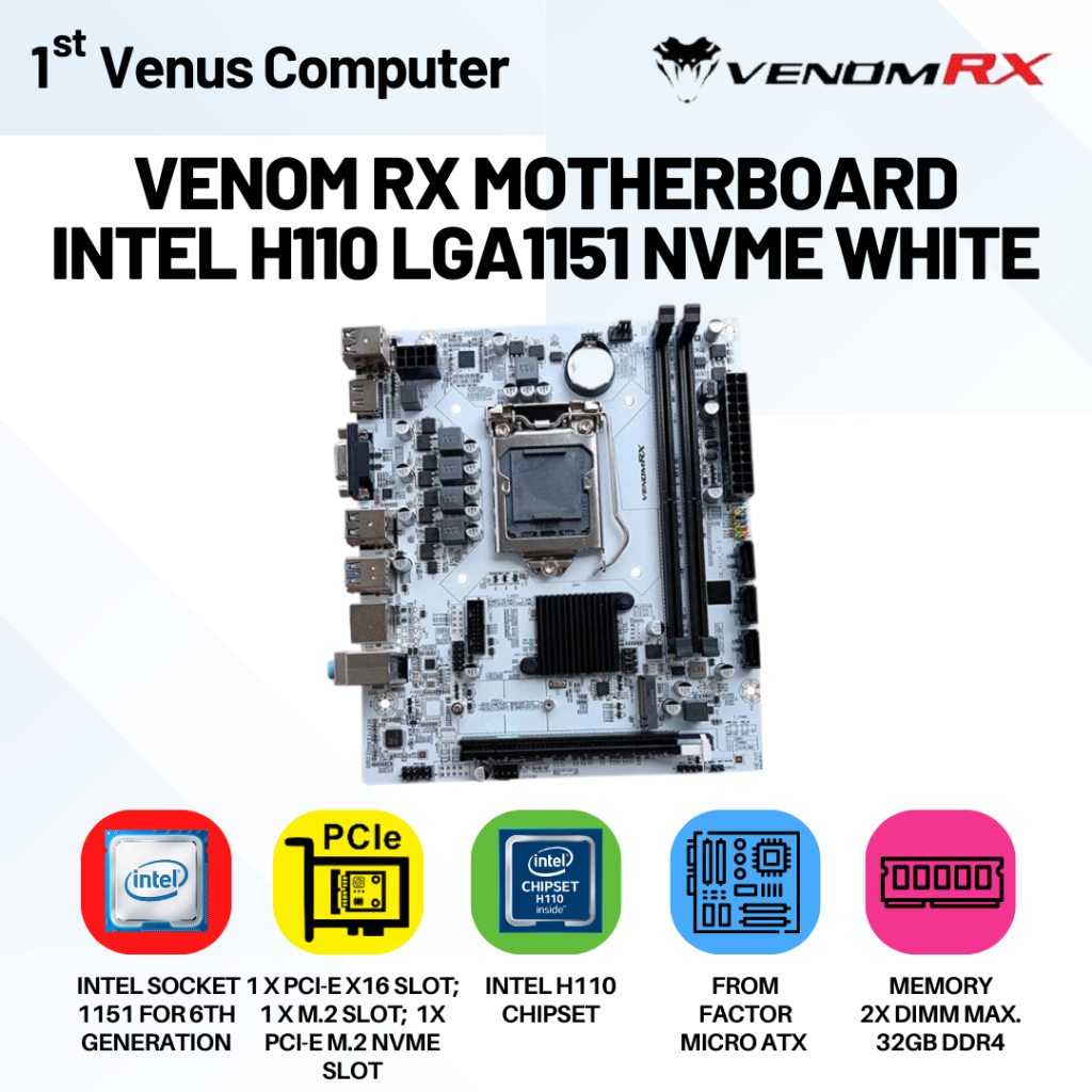 Jual VenomRX Mainboard motherboard Intel H110 White Edition M-ATX LGA1151 untuk intel gen 6 7 8 ...