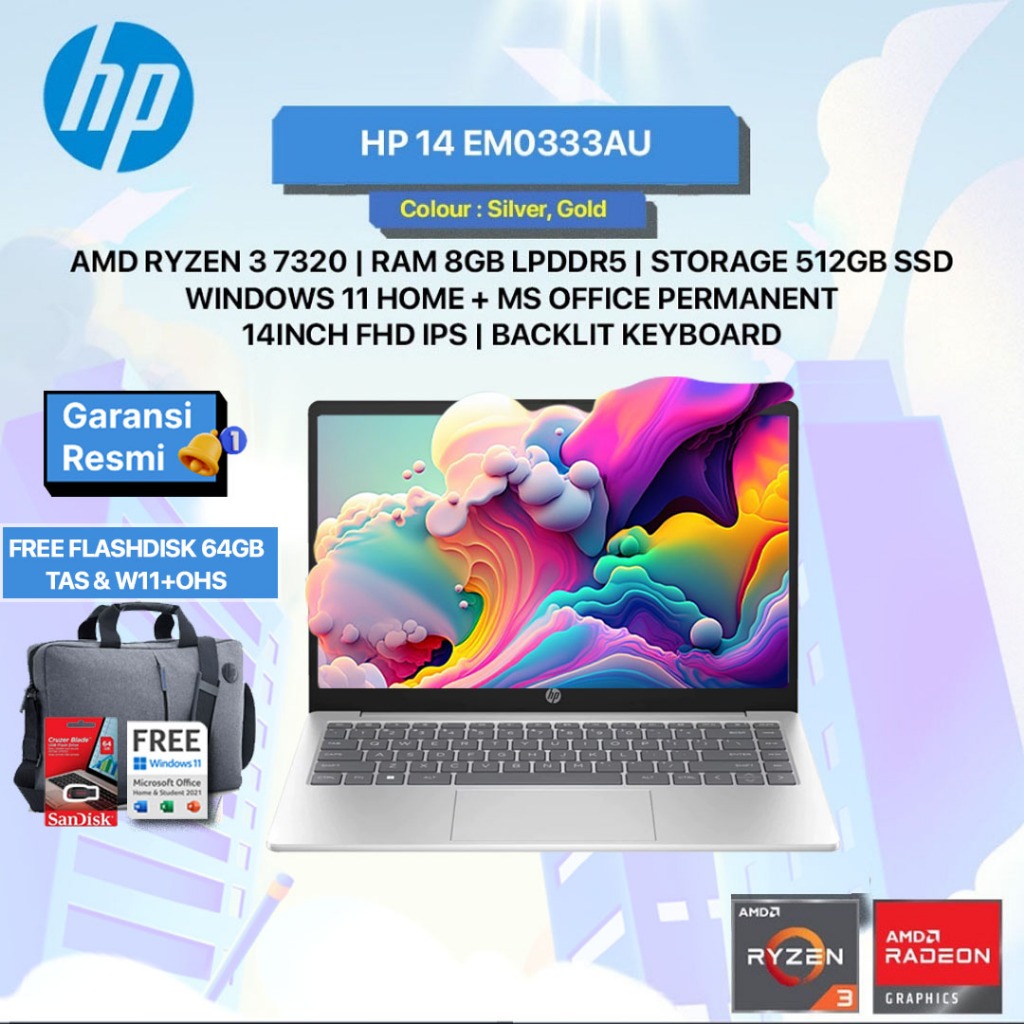 Jual LAPTOP HP 14S EM0333AU AMD RYZEN 3 7320 8GB 512GB W11+OHS 14.0FHD ...