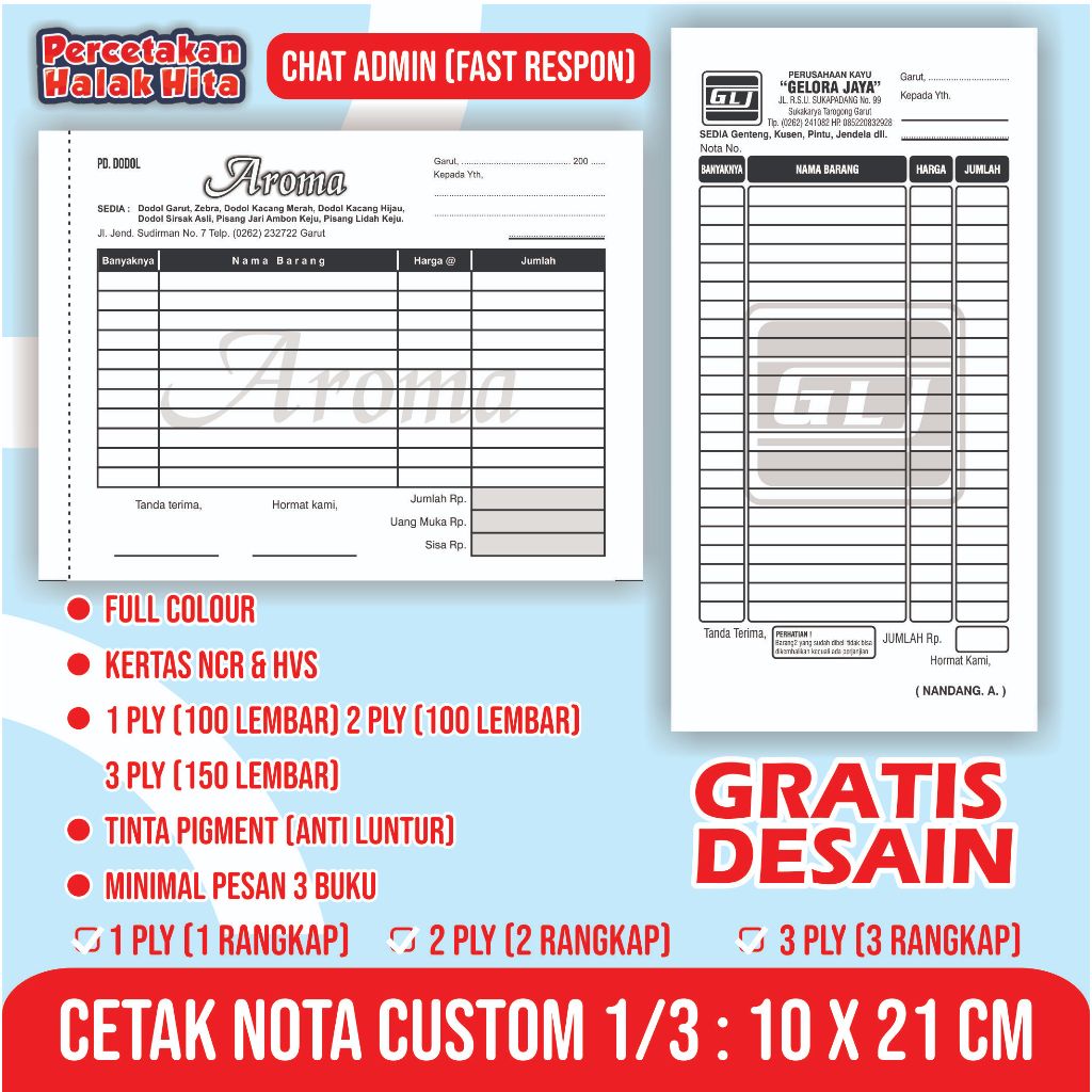 Jual Cetak Nota Custom 1/3 / Cetak Nota 1ply 2 Ply 3 Ply / Cetak Nota ...