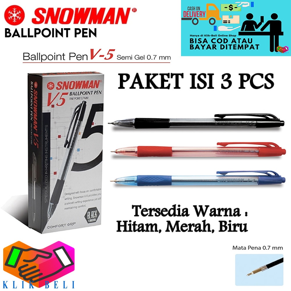 Jual (PAKET ISI 3 PCS) Ballpoint Pen V5 Snowman Bolpen Pulpen Tinta Ink ...